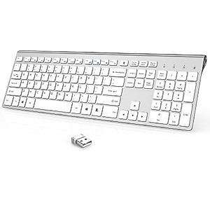 JOYACCESS Rechargeable Silent Wireless Keyboard, 2.4G USB Keyboard for Mac, PC, Laptop, Compatible with Windows, iOS, Android, Water Resistant, Slim Design (Silver White)
