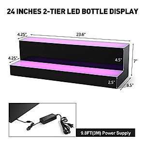 COSVALVE 2 Step Lighted Liquor Bottle Display Shelf, 24 Inch Illuminated Bar Bottle Shelf 2-Tier Commercial Home Bar Bottle Display Drinks Acrylic Lighting Shelves with Remote Control