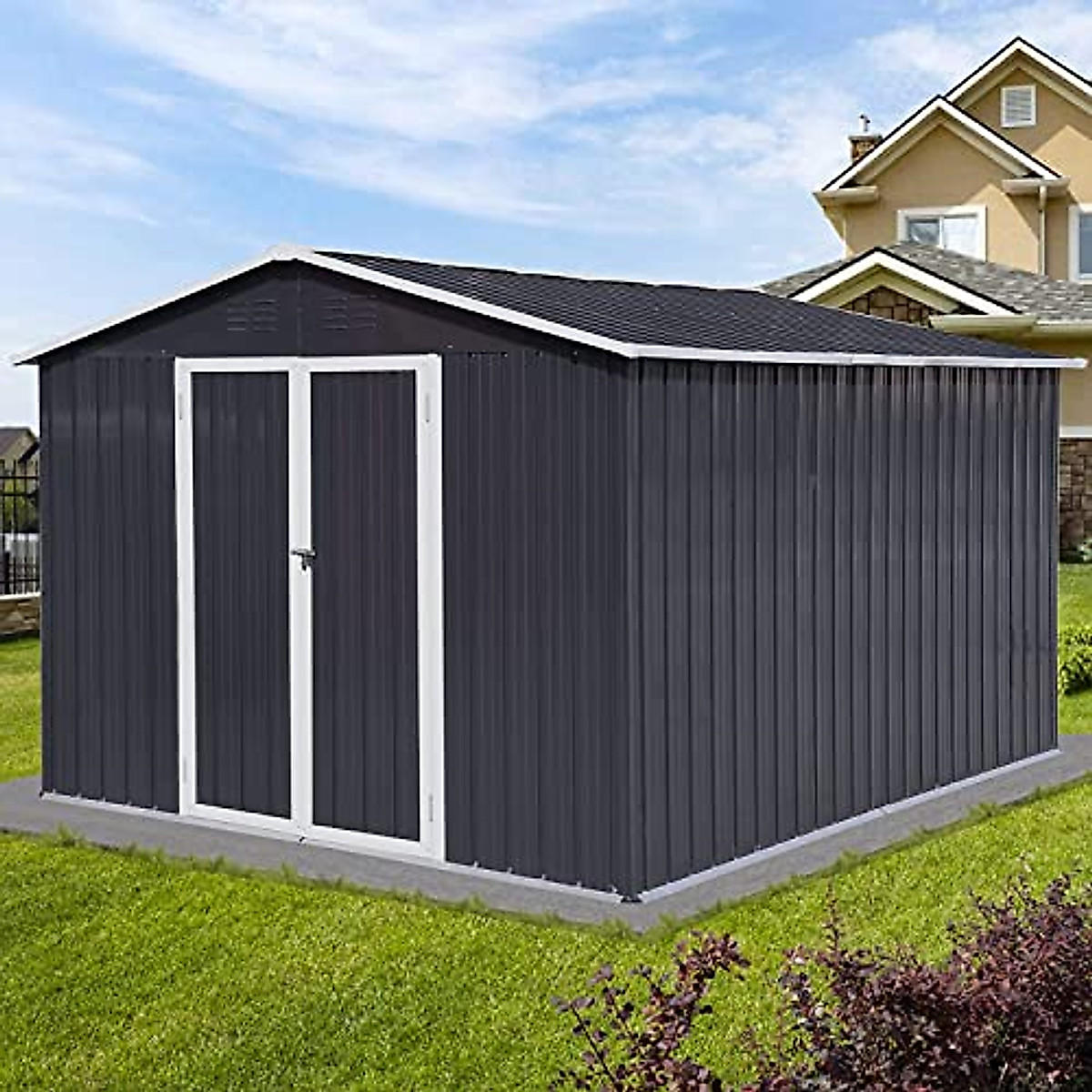 EMKK 10x8 FT Outdoor Storage Shed with Floor,Tool Garden Metal Sheds with Lockable Door,Outside Waterproof Galvanized Steel Storage House for Backyard Garden, Patio, Lawn