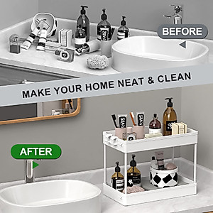 SPACEKEEPER Under Sink Organizer, 2 Tier Under Sink Storage Organizer, Bathroom Standing Rack, Bath Collection Baskets with Hooks, Multi-purpose Storage Shelf, White, 2 Pack