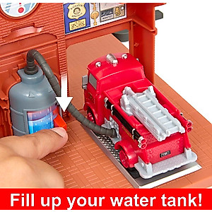 Mattel Disney and Pixar Cars On The Road Toys, Red’s Fire Station Playset with Die-cast Fire Truck & Kid-Activated Action