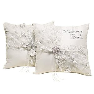 Set of 2 White Wedding Kneeling Pillows, Embroidered Nuestra Boda Kneeling Pillows, Satin and Lace Kneeling Pillows, White/Silver