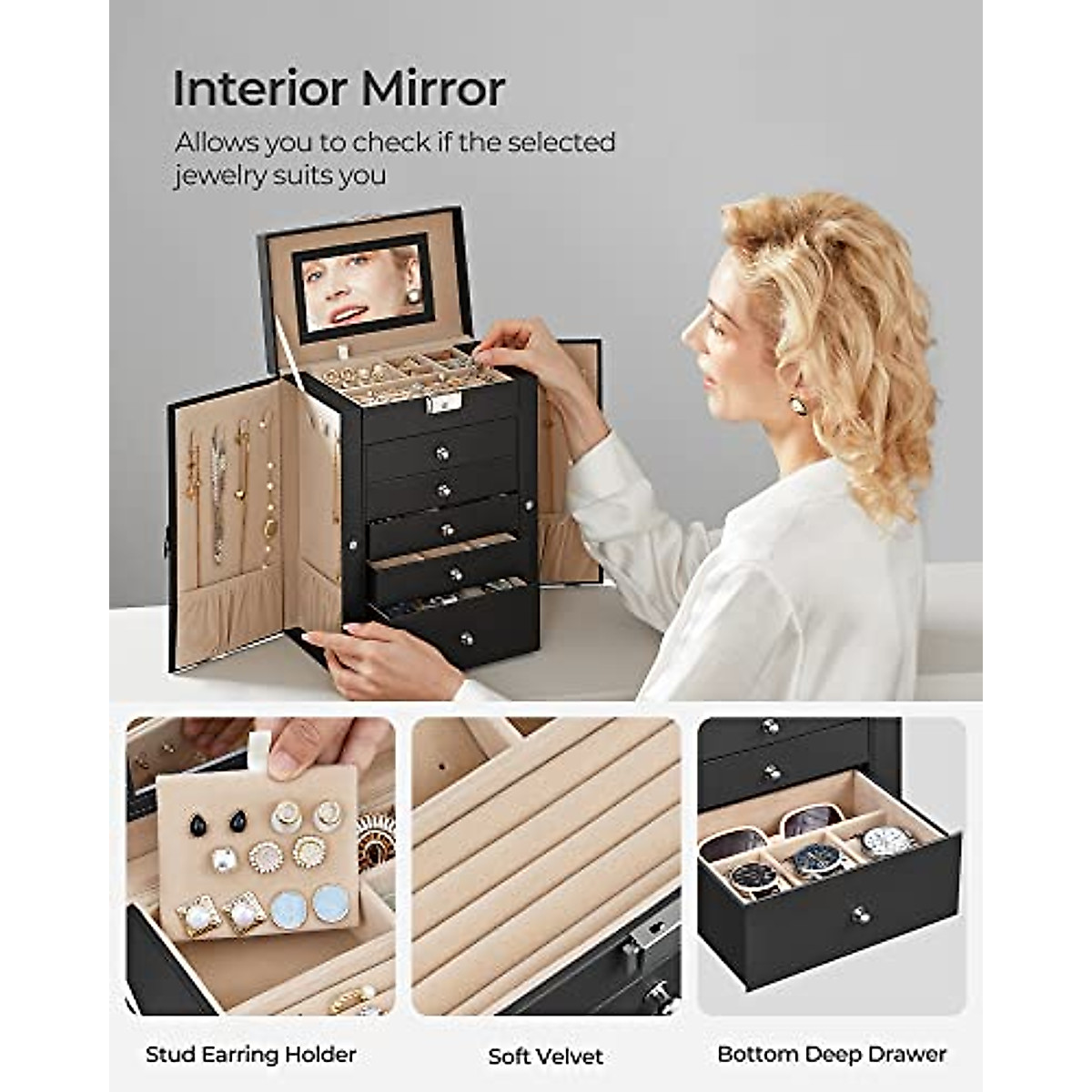 SONGMICS 6 Tier Jewelry Box, Jewelry Case with 5 Drawers, Large Storage Capacity, with Mirror, Lockable, Jewelry Storage Organizer, Gift for Loved Ones, For Watches, Black UJBC152B01