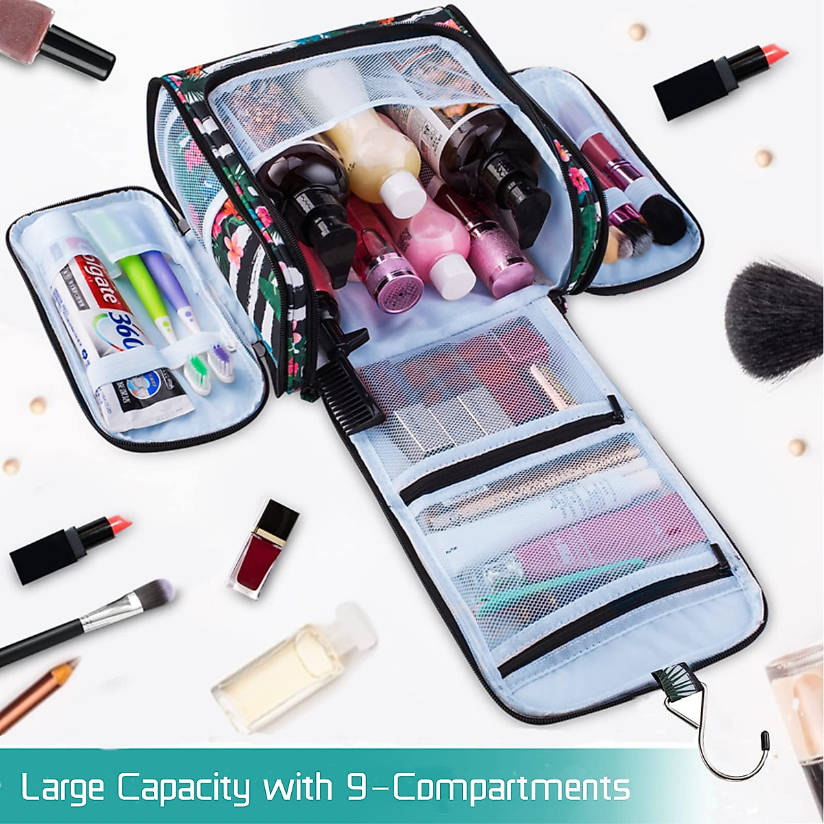 JNYCL Hanging Travel Toiletry Bag for Women and Girls, Portable Waterproof Cosmetic Travel Bag, 17 Compartments, Non-slip zipper, Sturdy Hook, Perfect for Daily Use and Travel. (Medium)