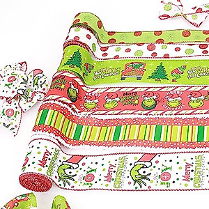 1.5" and 2.5'' Green Cute Merry Grinchmas Wired Ribbon .Glitter Red and Green Polka Dot,Stripe Furry Edge Printed Christmas Wired Ribbon 6 Rolls Total 30 Yards in Length