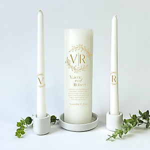 Unity Candles for Wedding, Unity Set, Custom and Personalized Pillar and Taper Candles with Bible Quote, Unscented White Premium Wax, Religious and Wedding Ceremony, Special Events (Goldie)