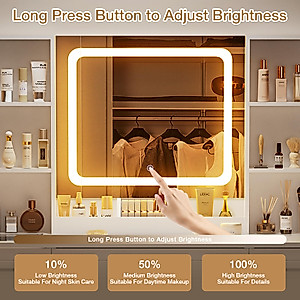 Vanity Desk with Mirror and Lights 45.3“W Makeup Desk with Drawers and Cabinet Vanity Table with Led Light Big Makeup Table with Charging Station Dressing Table with Glass Top for Bedroom White