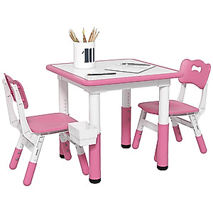 Qaba 3 Pieces Kids Table and Chairs, Height Adjustable Toddler Table and Chair Set with Storage, Easy to Wipe, Activity Table 2 Chairs for Classroom, for Daycare Classroom, 18 Months-5 Years, Pink