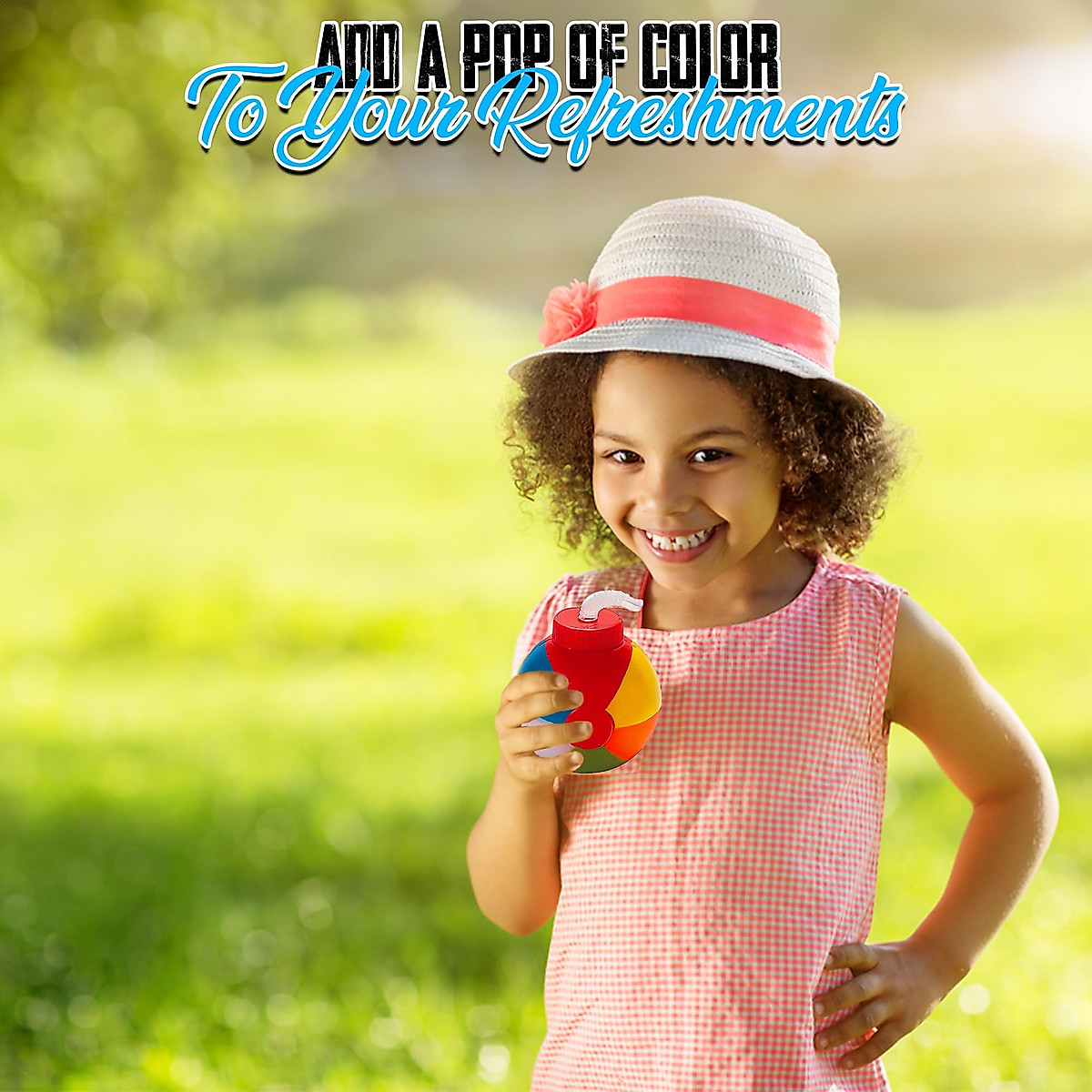 Fun Express Set of 12 Pieces Beach Ball Cups with Straws, Holds 23 oz, Summer Party Supplies, Multi-Color