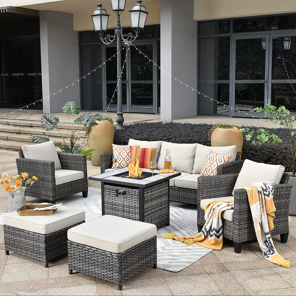 ovios Patio Furniture Set, 6 Pieces Outdoor Furniture with Square Propane Fire Pit Table, Conversation Set with Couch Chairs Ottomans for Garden Backyard Porch (Beige)