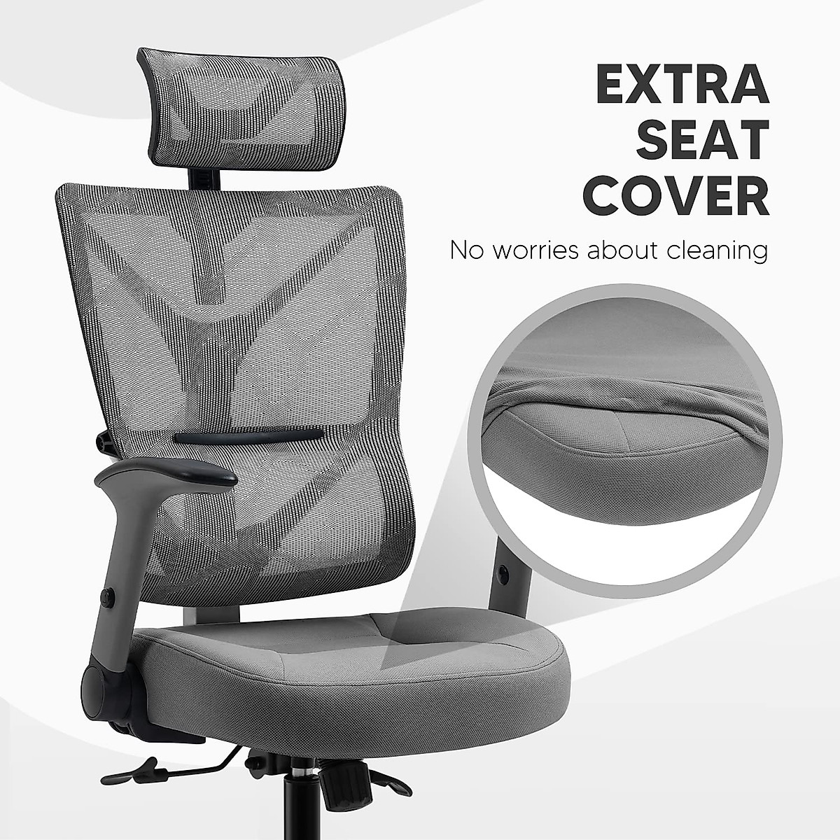 Ergonomic Mesh Office Chair - High Back Home Office Desk Chairs with Adjustable Headrest, 2D Flip-up Arms, Lumbar Support, Tilt Function and Rubber Wheels - Ergonomic Design for Back Pain,Gray
