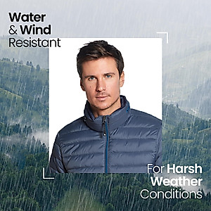 Weatherproof Men's Puffer Jacket, Lightweight Alternative Down Jacket with Packable Travel Neck Pillow, Travel-Ready Winter Jackets for Men, Water & Wind Resistant, Pewter, Medium