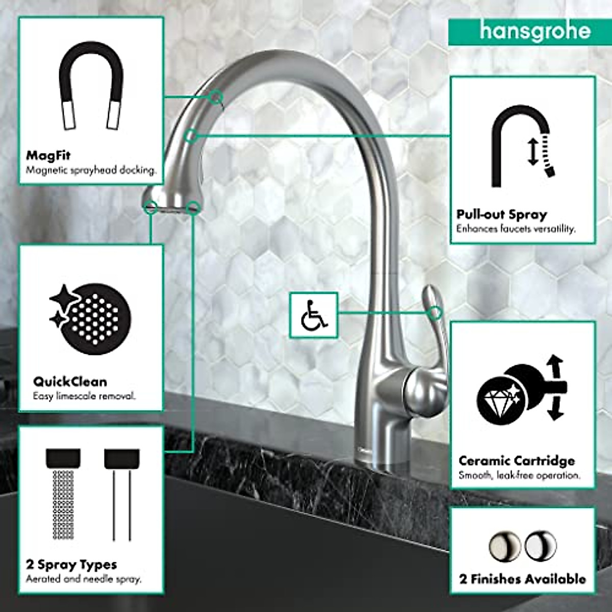 hansgrohe Allegro E Gourmet Stainless Steel Commercial Kitchen Faucet, Kitchen Faucets with Pull Down Sprayer, Faucet for Kitchen Sink, Magnetic Docking Spray Head, Stainless Steel Optic 06460860