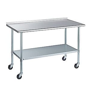 Stainless Steel Table for Prep & Work with Caster & Backsplash 30x60 Inches, NSF Metal Commercial Kitchen Heavy Duty Table with Adjustable Under Shelf and Table Foot for Restaurant, Home and Hotel