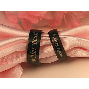 His Beauty Love Heart Women's Black Stainless Steel Engagement Wedding Bands Promise Ring Anniversary (Her Size 5)