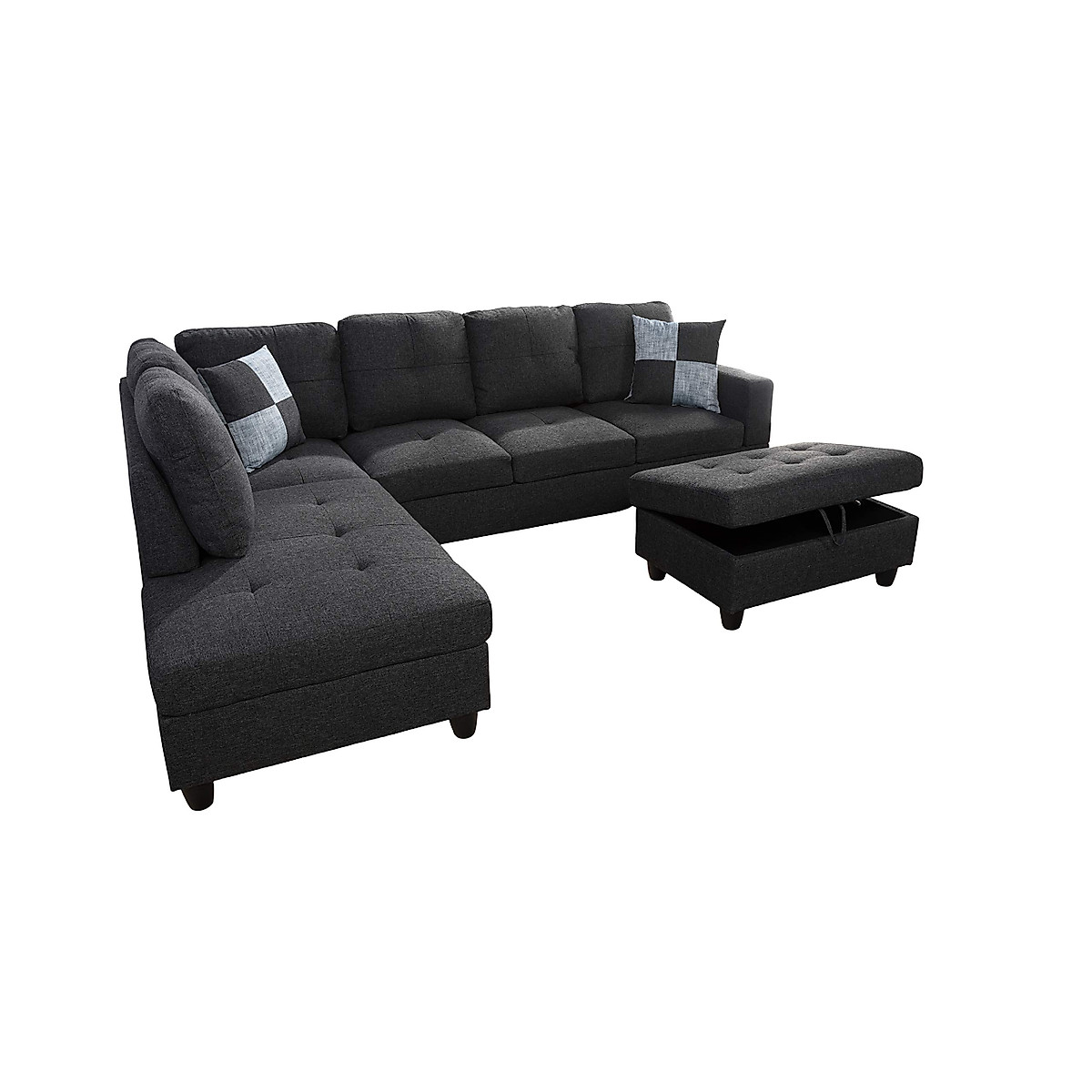 AYCP Fine Furniture Sectional Sofa Couch,L-Shaped Modern Style w/Storage Ottoman 3-Piece for Living Room|Linen Upholstery|(2) Toss Pillows(Left Hand Facing, Black)
