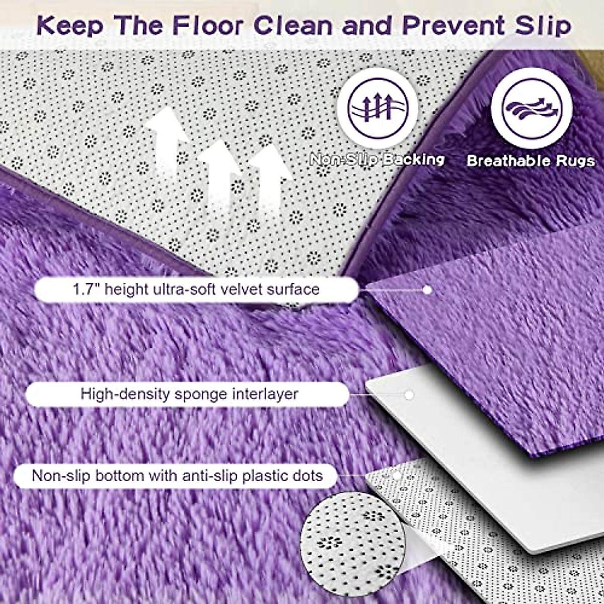 Terrug Super Soft Shaggy Fluffy Rugs for Kids Room, Home Decor Area Rugs 4x6 Feet for Bedroom, Cute Plush Rugs for Girls Bedroom Dorm, Non-Slip Carpet for Living Room (4X6 Feet, Purple)
