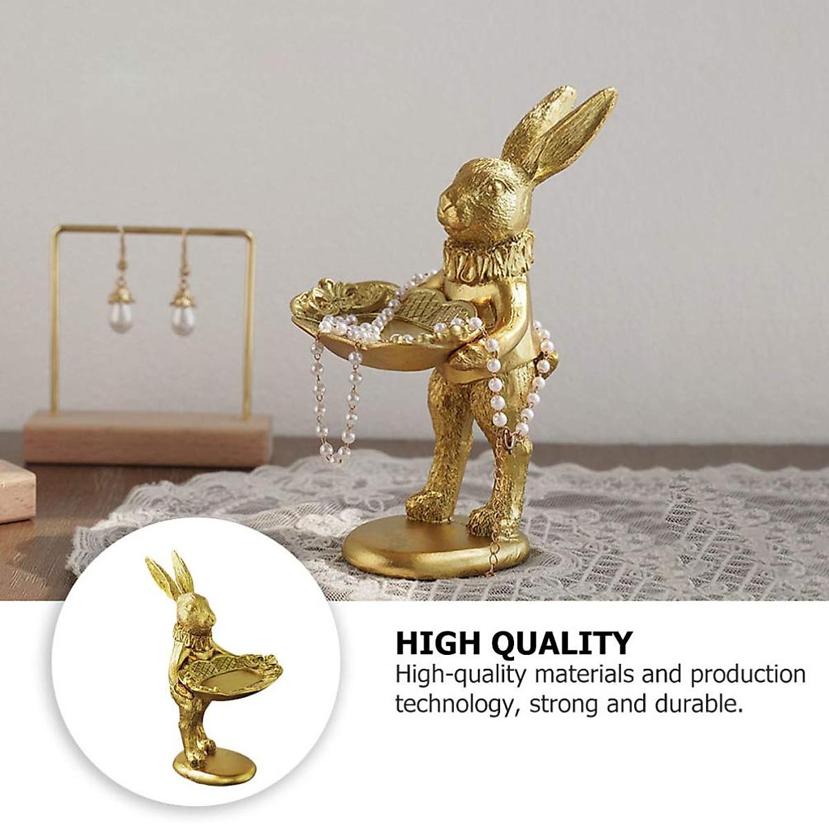 BESTOYARD Retro Jewelry Tray Ring Dish Golden Easter Bunny Figurine Spring Easter Tabletop Decoration Resin Rabbit Statue Jewelry Organizer Trinket Plate for Home