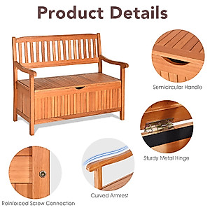 Safstar Outdoor Patio Bench with Storage Box, 33 Gallon Capacity, Wooden Frame, Eucalyptus Material, Natural Color, 42 x 23 x 35.5 Inches