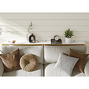 ELYKEN 5.9" Narrow Console Sofa Table with Power Outlets and USB Port, 5.9" Dx39.4 Wx31.1 H Marble Texture Skinny Couch Table with Bright Yellow Metal Frame