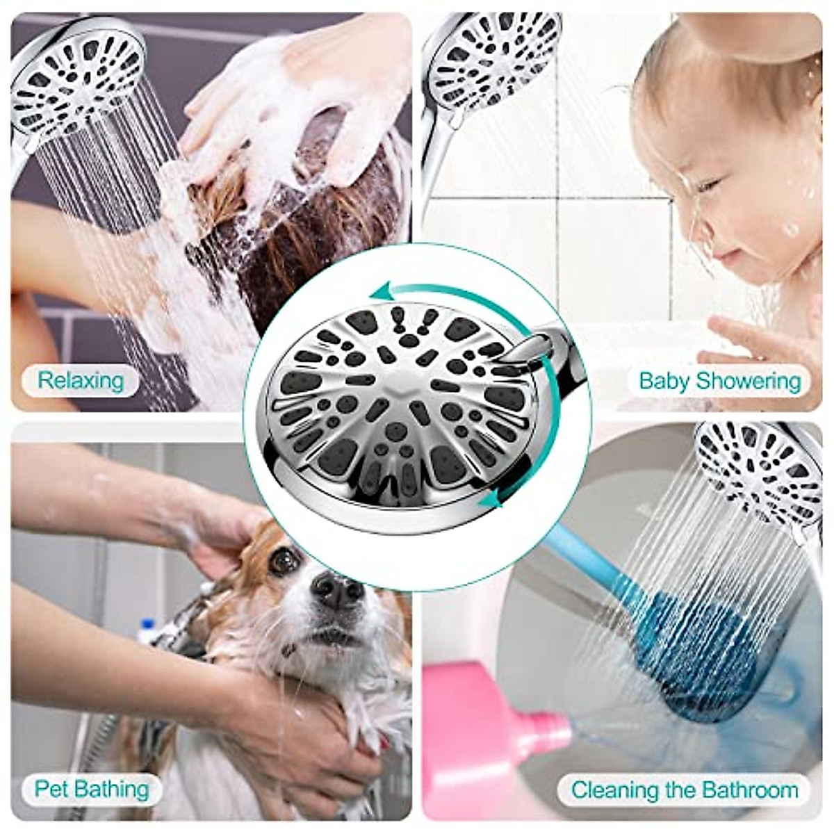 Lychee 9-Setting Modern High Pressure Shower Head with Stainless Steel Hose and Bracket, Chrome Finish