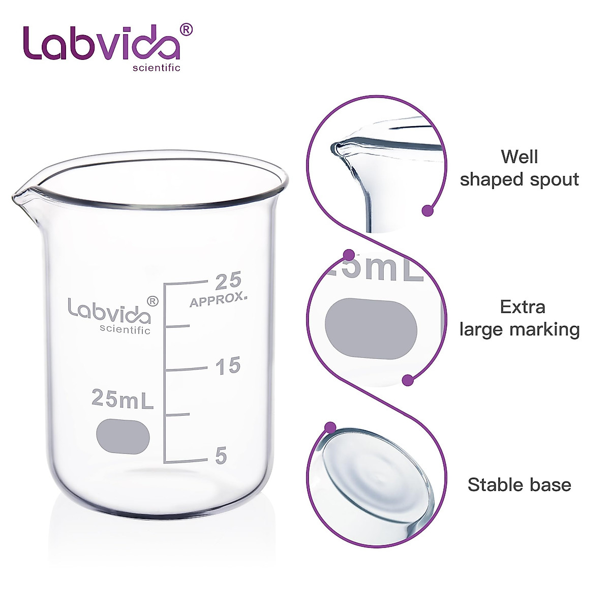 Labvida 24pcs of Low Form Glass Beakers, 3.3 Borosilicate with Printed Graduation, Vol.25ml,LVA037