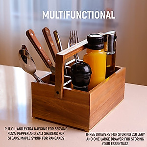 Qualerica Acacia Silverware Caddy with Handle, Rustic Utensil Holder with Handle for Farmhouse Kitchen Decor, Mulip-pose Organizer for Kitchen, Bathroom, Office, Bedroom (Four Compartments)