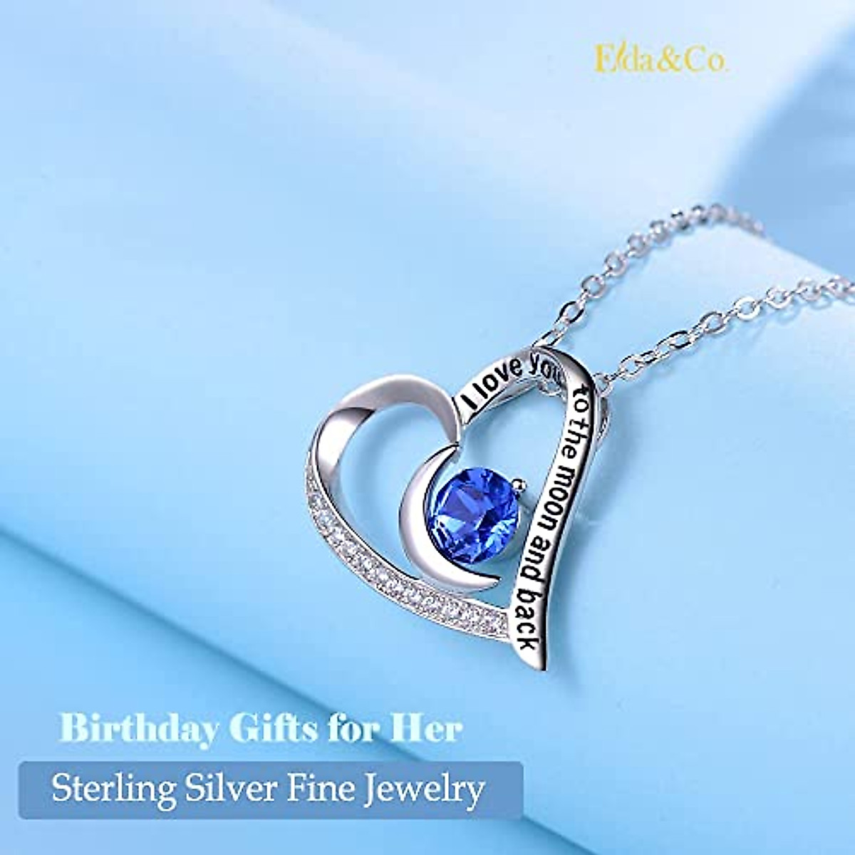 ELDA & CO. Birthday Gift for Women September Birthstone Blue Sapphire Necklace Mom Wife I Love You to the Moon and Back Jewelry Sterling Silver for Her