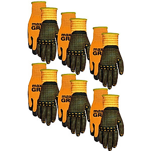 Midwest Gloves & Gear 94P06-LX-00 Grip 6 Pack Men's Max Performance Glove, Orange- Fits Large-XL