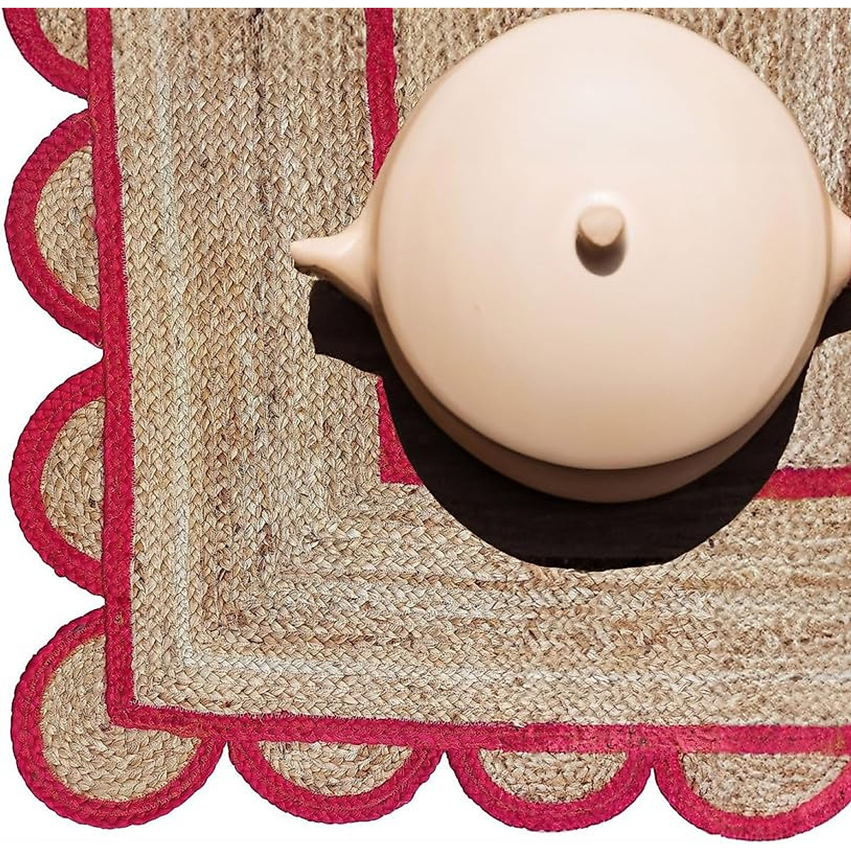 BUNDELA EXPORTS Scalloped Jute Area Rug, Floor Farmhouse Rug Natural Braided Reversible Boho Eco Large 2x12 Ft Runner Rug (RED)