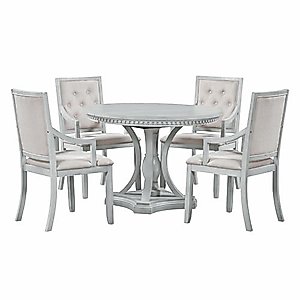 MengK Retro 5-Piece Dining Set Extendable Round Table and 4 Chairs for Kitchen Dining Room(Antique Gray Oak)