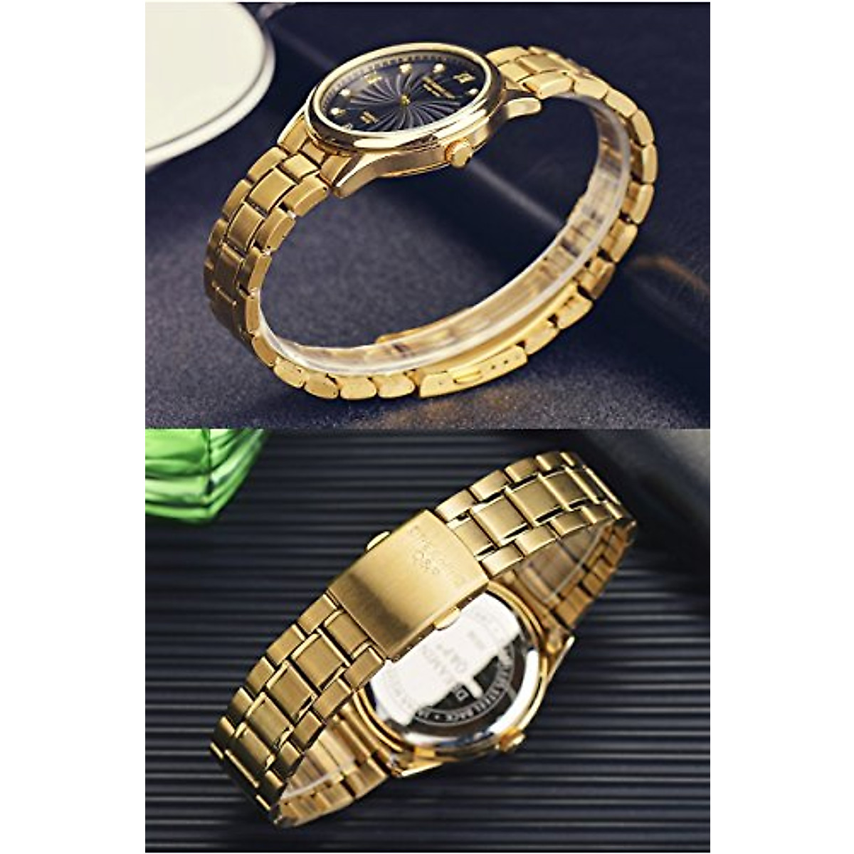 DREAMING Q&P IP Gold Plating Steel Roman Numeral Dial with Rhinestones Luxury Mens Wrist Watches for Man Black 003