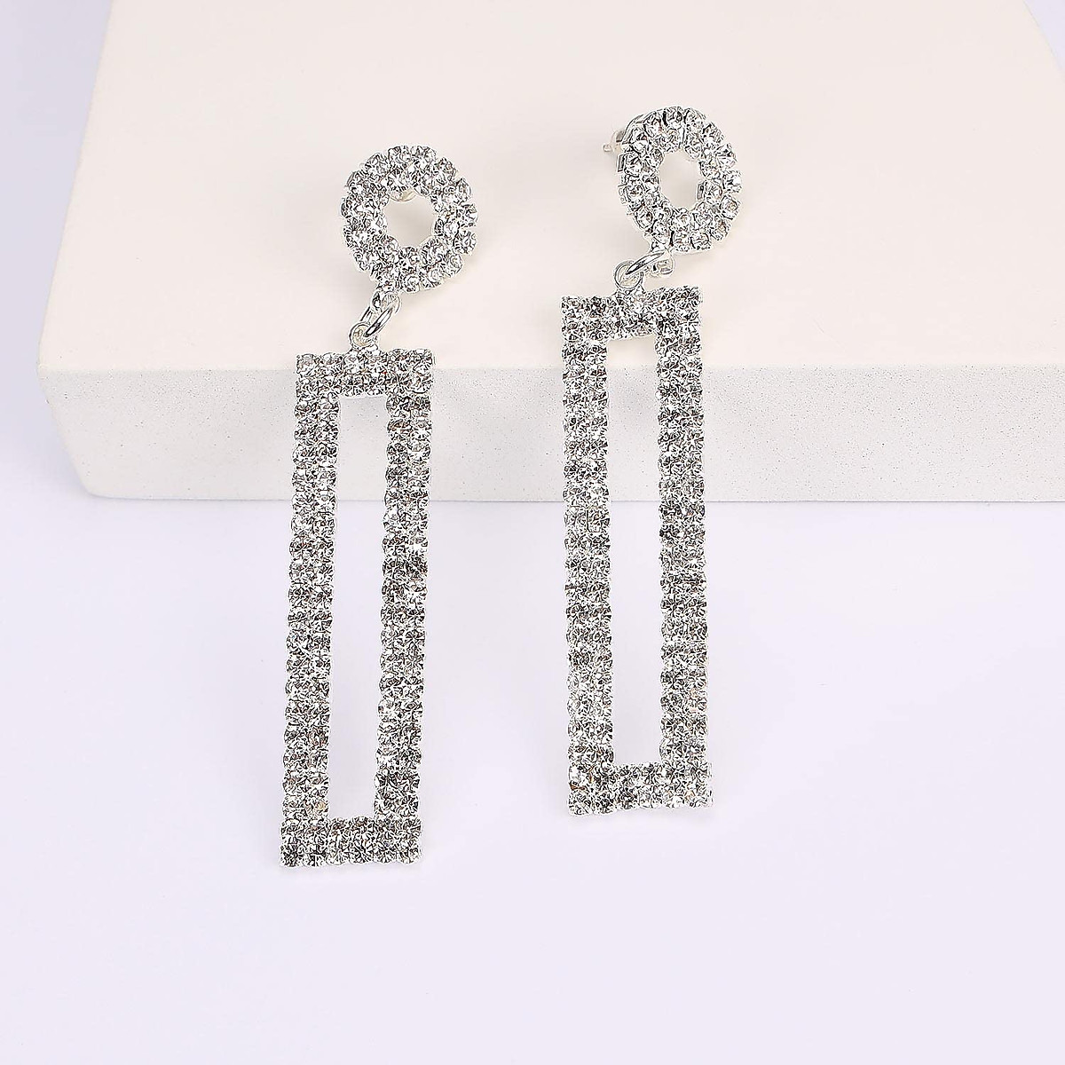 Legitta Rhinestone Long Drop Earrings Silver Cubic Zirconia Sparkly Statement Rectangle Dangle with Circle Studs for Women Wedding Jewelry