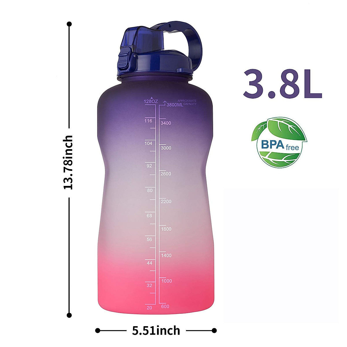 YIREN Large 1 Gallon Water Bottle with Time Marker Motivational & Straw, Leakproof Tritan BPA Free for Fitness, Gym, Outdoor Sports and Work (Purple to Pink)