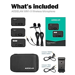 AODELAN Wireless Microphone Lavalier System with 2 Transmitters, 1 Receiver, for Cameras, Camcorders, iOS, Android Smartphones, YouTube Facebook Vlogging