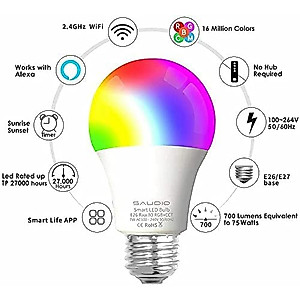 Smart WiFi Light Bulbs SAUDIO LED RGB Color Changing Bulbs Alexa, Echo Google Home & Siri Compatible 2.4GHz WiFi Only No Hub Required, 8W A19 E26 Multicolor 4 Pack
