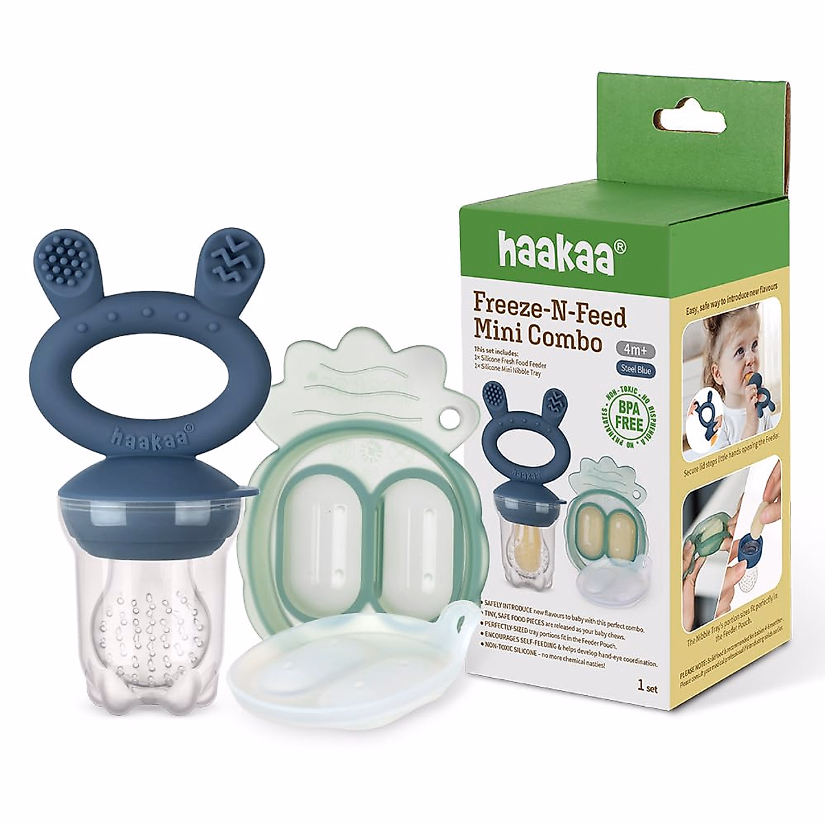 Haakaa Freeze-N-Feed Mini Combo with Silicone Food Feeder & Silicone Mini Nibble Tray|Baby Solid Food Self Feeder|Breastmilk Popsicle Mold Storage & Feeder for Soothing Baby Gums 1 PK