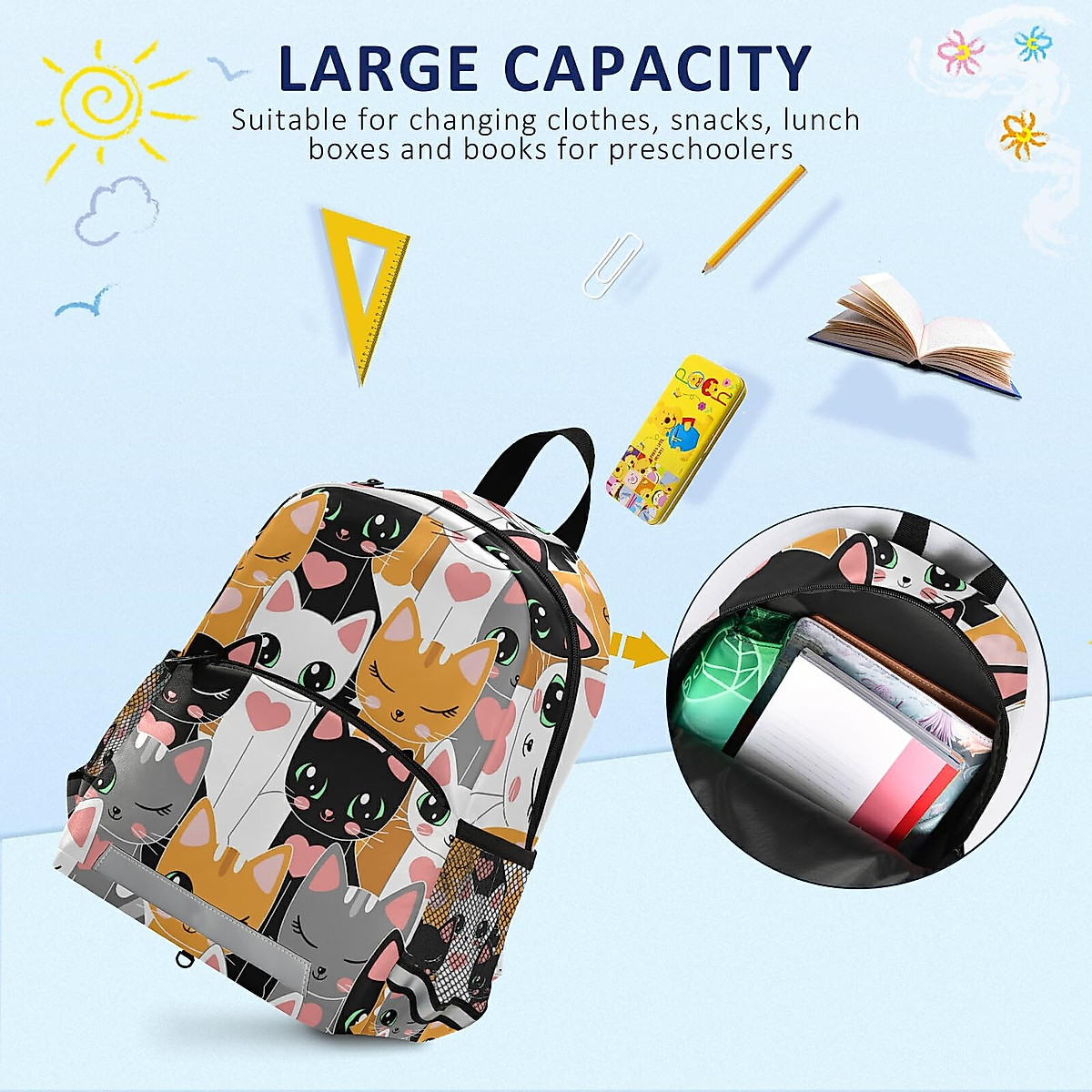 beeplus Lovely Cats Assembly Kids Backpack 13inch Little Kid Toddler Backpacks for Boys and Girls with Chest Strap