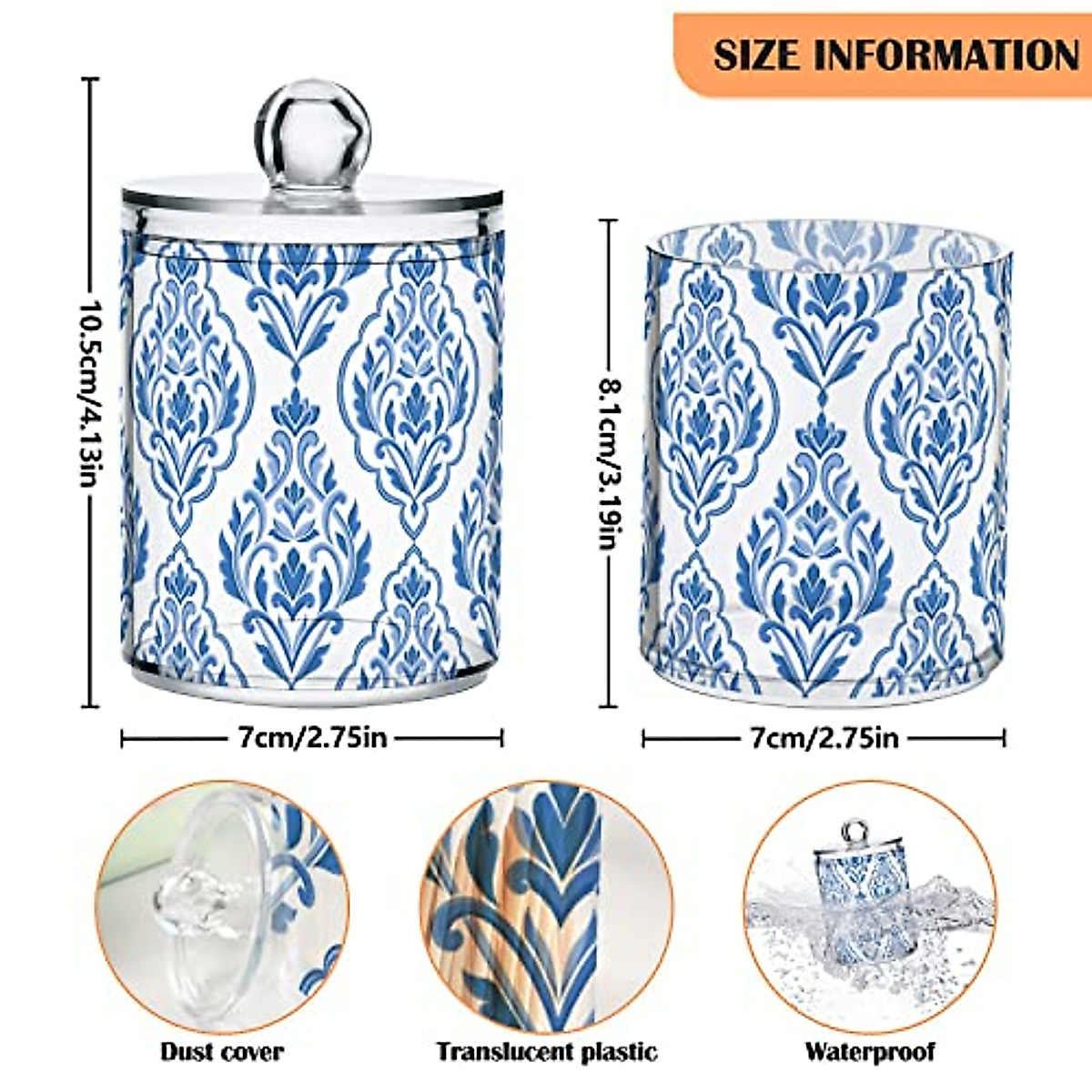 xigua 2 Pack Blue White Damask Pattern Apothecary Jars with Lid, Qtip Holder Storage Containers for Cotton Ball, Swabs, Pads, Clear Plastic Canisters for Bathroom Vanity Organization (10 Oz)