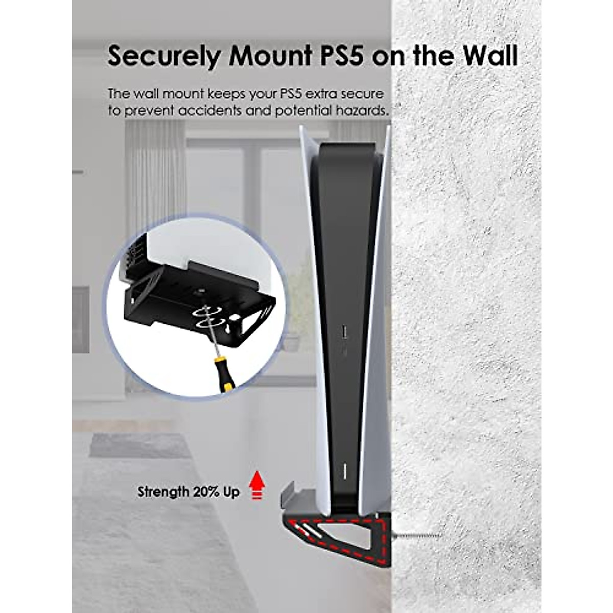 NexiGo Wall Mount Set for Playstation 5 (Disc & Digital), [Space Saving & Improved Airflow] Sturdy Steel Wall Stand Holder Mount PS5 Console Near or Behind TV w/Controller Holder & Headphone Hanger