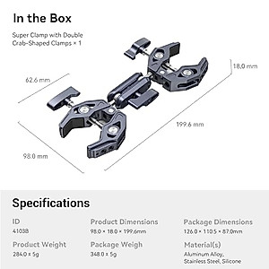 SMALLRIG Double Clamp Mount, Umbrella Clamp, Super Clamp Arm, for Chair, Pole, Tripod, C Stand, Handlebar, All Metal Max Load Capacity 3.5kg - 4103B
