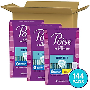 Poise Ultra Thin Incontinence Pads & Postpartum Incontinence Pads, 4 Drop Moderate Absorbency, Regular Length, 144 Count (3 Packs of 48), Packaging May Vary