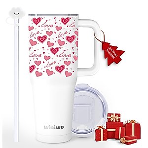 winiwo 40 oz Valentines Tumbler with Handle and Straw, Heart tumbler Gifts for Mom/Women/Wife/Her/Love, Insulated White Tumbler, Fits Cupholders, Available Gift Wrapping