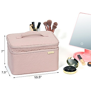 NISHEL Large Double Layer Travel Makeup Bag Women, Cosmetic Case, Organizer for Travel-Size Accessories Bottles, Brushes, Conditioner, and Skin Care Products, Pink