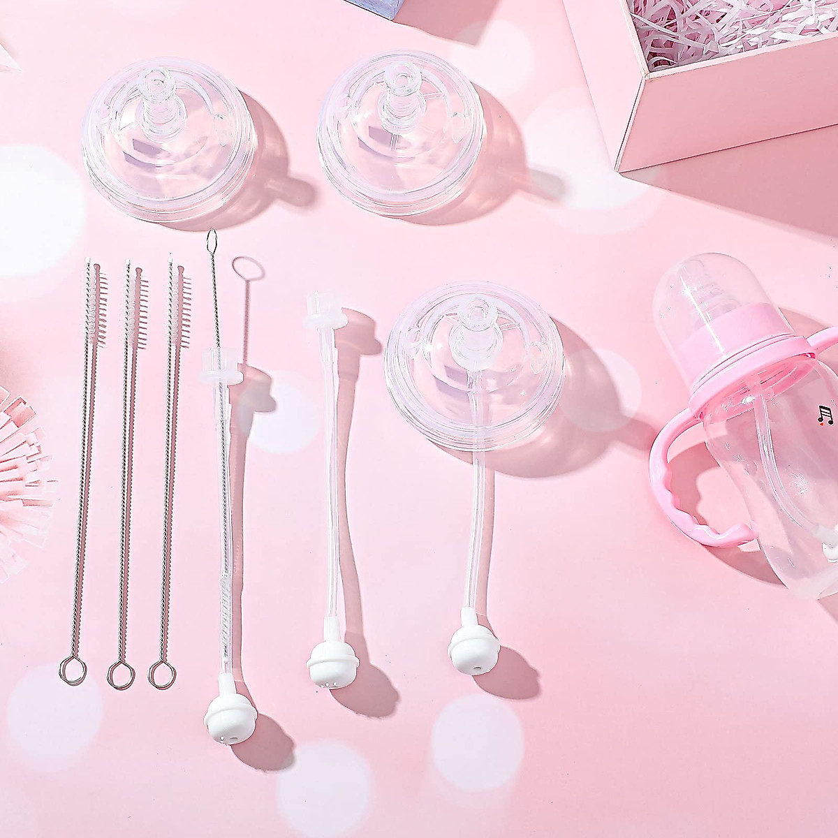 4 Pieces Baby Bottle Nipples (12m+) Medium Flow Silicone Straw Top Nipple Sippy Spout Replacement Nipples and 4 Pieces Cleaning Brushes for 2.8 Inch Diameter Baby Bottle | No BPA | Spillproof