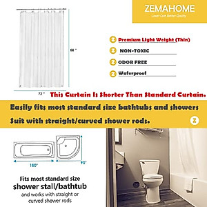ZEMAHOME 72" x 66" Short PEVA Plastic Shower Curtain Liner - 1 Pack Premium Light Weight Clear Bathroom Shower Showroom Curtain Liner with Rustproof Metal Gromments and Weighted Magnet