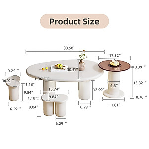 Guyii Nesting Coffee Table Set with 2 Stools, Combination Center Table with Irregular Coffee Table and Round Glass End Table, Modern Side Table for Living Room, Small Spaces, Easy to Assemble