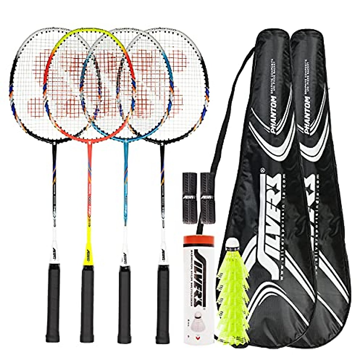 Silver’s 4 Player Uni-Piece Semi-Graphite Badminton Racket Set | Includes 4 Rackets, 2 Badminton Bags, 6 Nylon Shuttlecocks and 2 Extra Replacement Overgrip Tapes.