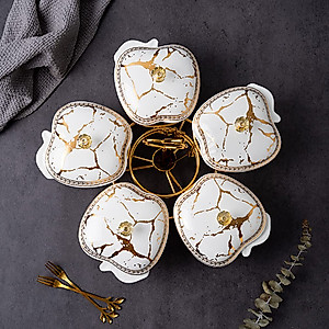 PASIGRO Ceramic Condiment Serving Tray,Rotating Snack Tray,Candy and Nut Porcelain Divided Serving Platter,Veggie Snack Containers,Ceramic Food Storage with Golden Iron Frame (White)