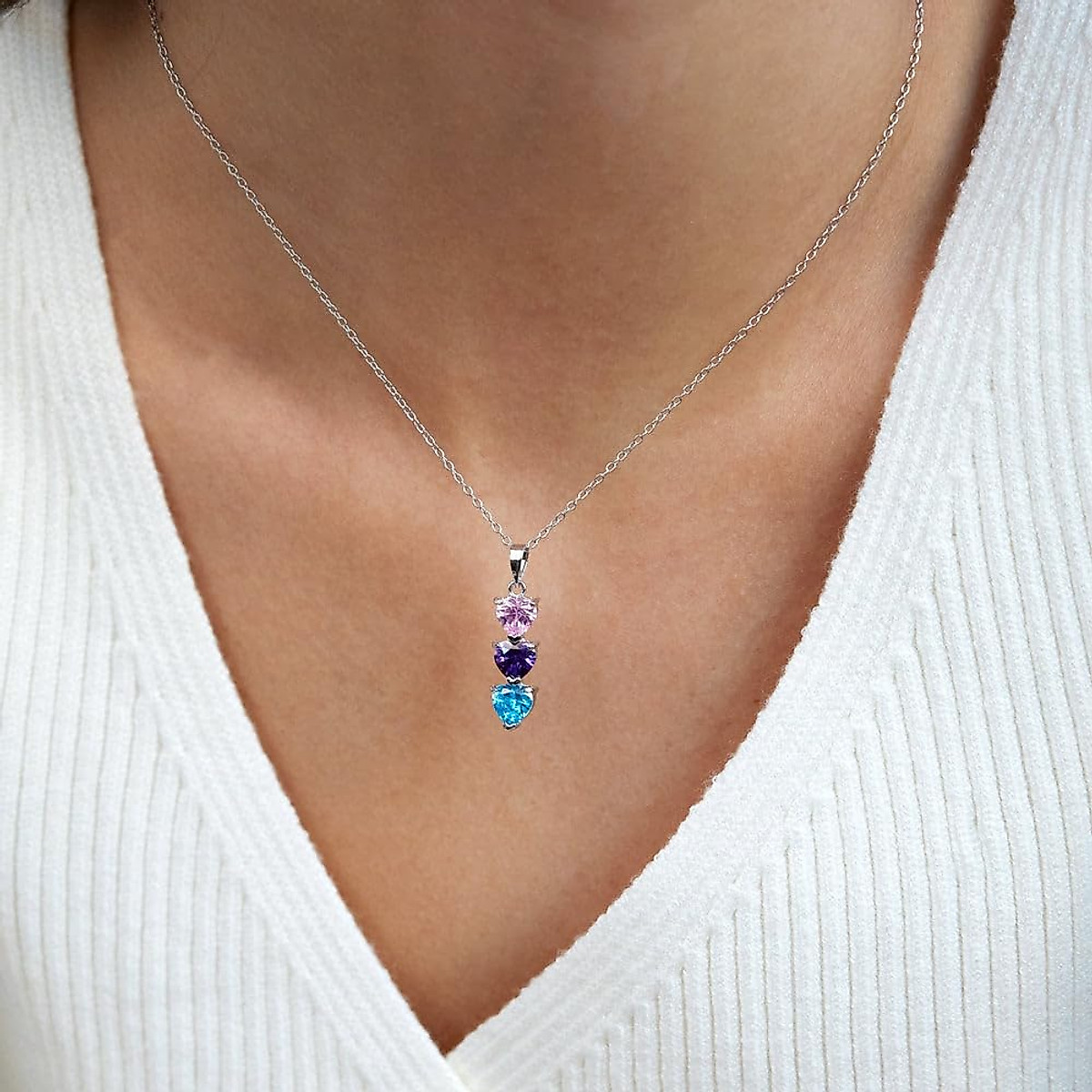 Custom 3 Stone Simulated Birthstone Heart Necklace (16"), 925 Sterling Silver Heart Drop Necklace for Women - Personalized Necklaces - Mom Necklace with Birthstones - Gifts for Mom